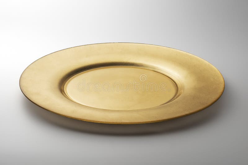 Empty Golden Round Flat Plate Isolated White Background Stock Photos ...
