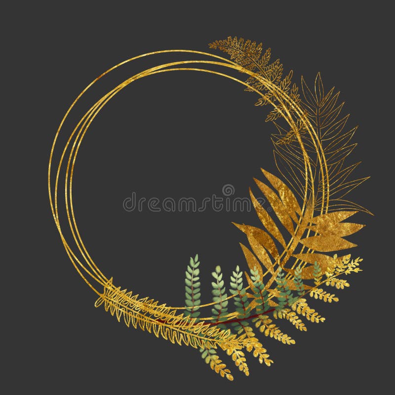 Golden Round Frame With Hand Drawn Golden Tropical Fern Branches And