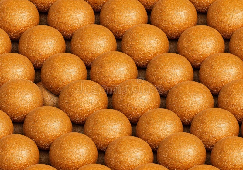 Golden Round Pastries Arranged in Uniform Pattern on Display Stock ...