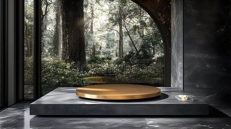 Golden Round Platform on Marble Platform with Forest View 3d ...