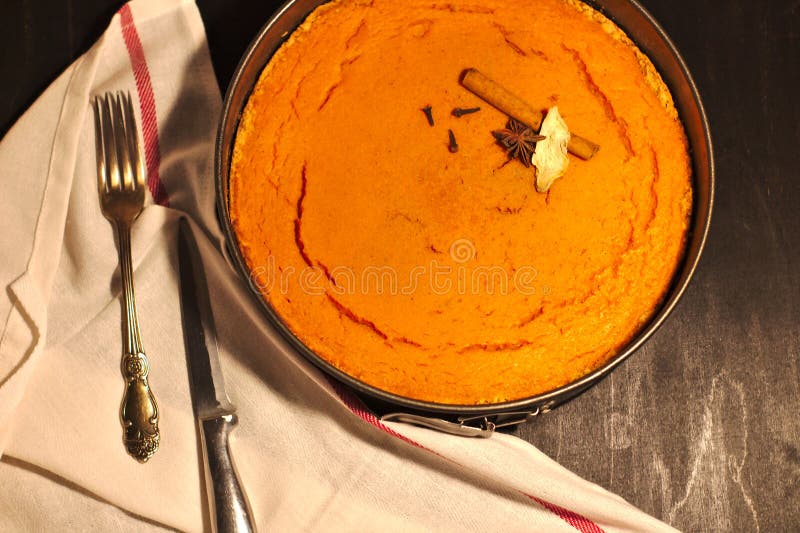Golden Round Pumpkin Pie on the Dark Table Stock Image - Image of cake ...