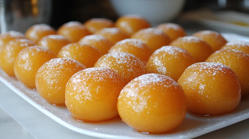 Golden Round Sweets on White Plate Stock Image - Image of powdered ...