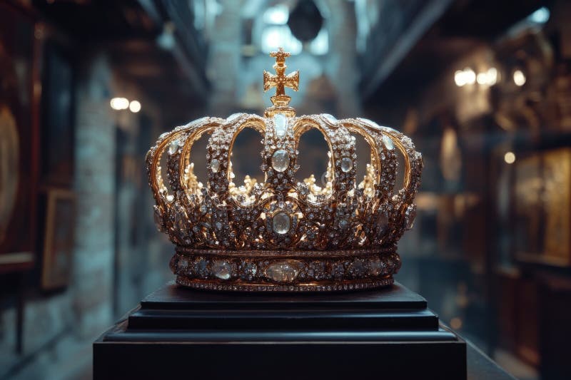 Golden Royal Crown Sparkling with Jewels on Display Stock Photo - Image ...