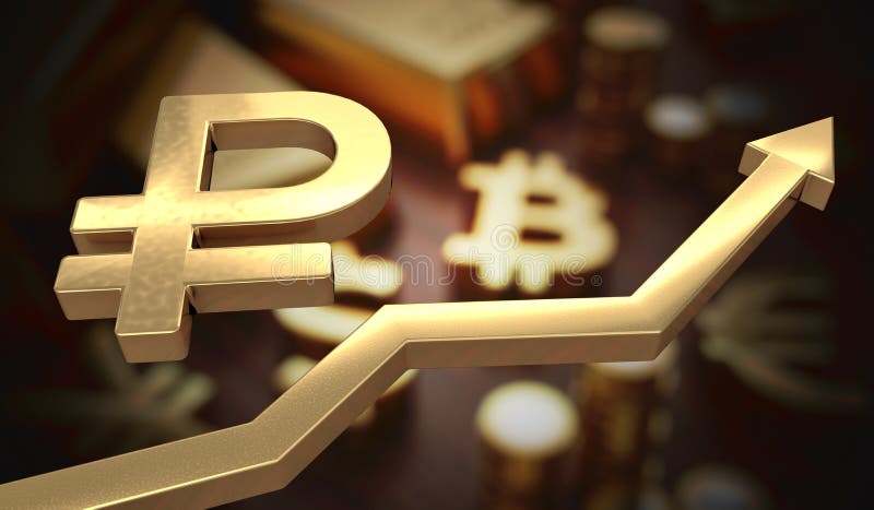 Golden Ruble Symbol and Arrow Up. 3D Rendered Illustration Stock ...