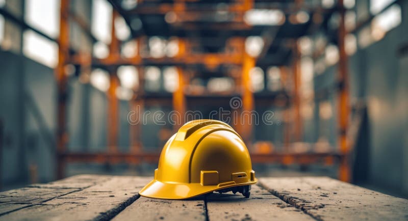 Golden Safety Helmet on Wooden Table at Construction Site Stock Photo ...