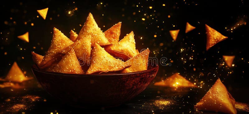 Golden Samosas in a Bowl with Sparkling Background and Flying Pieces ...