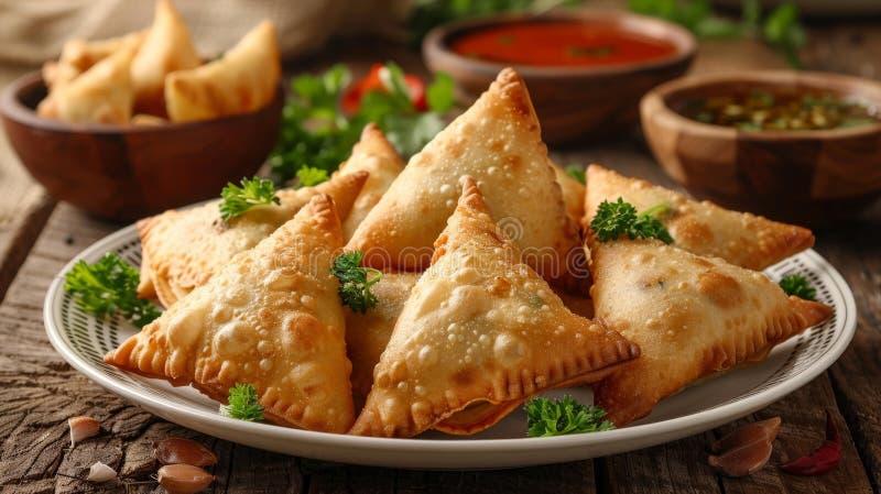 Golden Samosas on a Rustic Plate - Generative Ai Stock Illustration ...