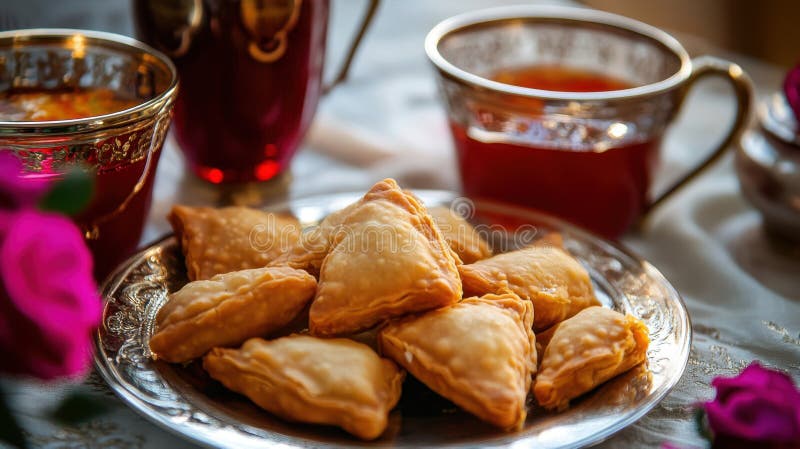 Golden Samosas and Tea on Ornate Silver Tray with Roses Erev Purim Stock Illustration ...