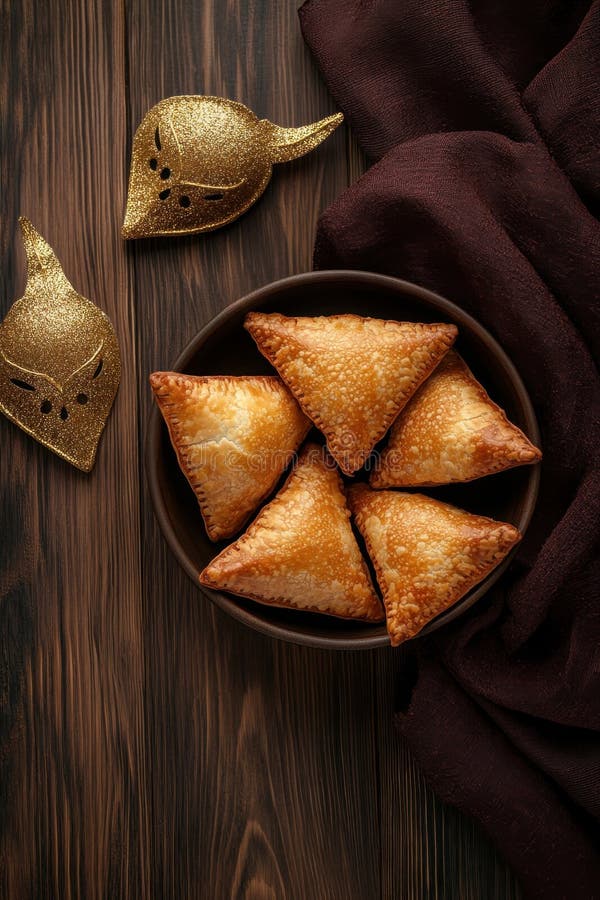 Golden Samosas on Wooden Table with Festive Decorations Stock ...