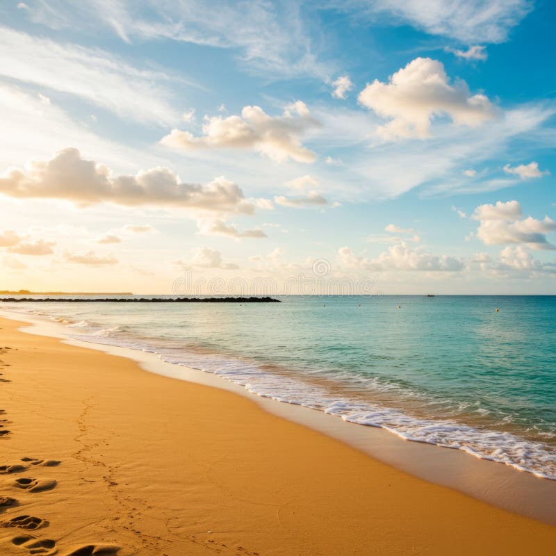 Golden Sand Beach at Sunset with Blue Ocean Stock Illustration ...