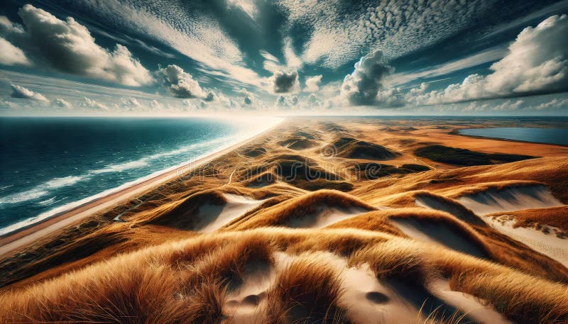 Scenic View of Coastal Sand Dunes Meeting the Ocean Under Cloudy Sky ...