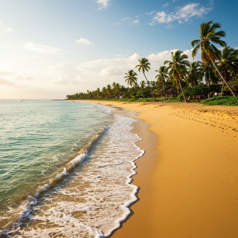 Golden Sand Tropical Beach with Calm Ocean and Palm Trees Stock ...