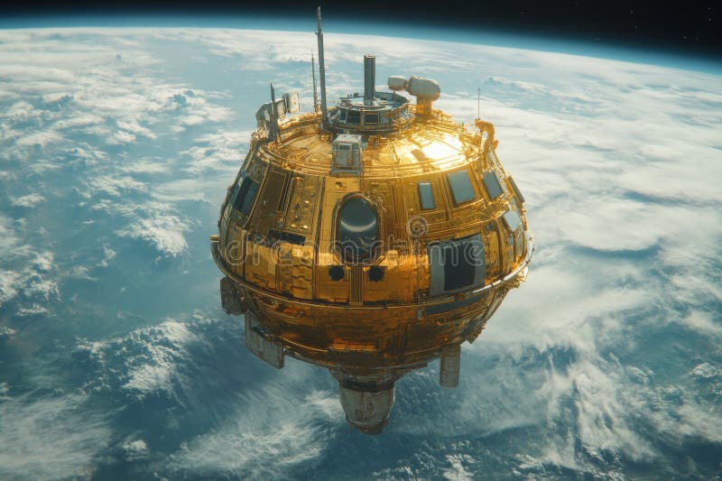 Golden Satellite Orbiting Earth, Showcasing Advanced Space Technology ...