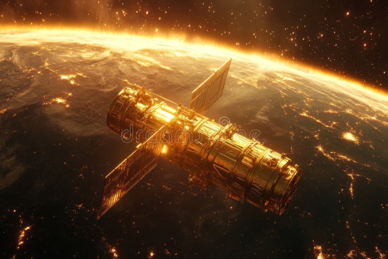 Golden Satellite Orbiting Earth Transmitting Data in Outer Space Stock ...