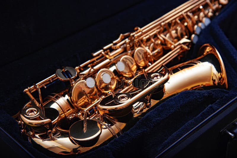 Golden Saxophone on Black Case Stock Photo - Image of entertainment ...