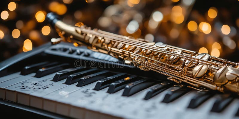 A Golden Saxophone Lies on a Keyboard with a Blurred Background of ...