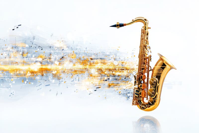 Golden Saxophone Playing Musical Notes on White Background Stock Photo ...
