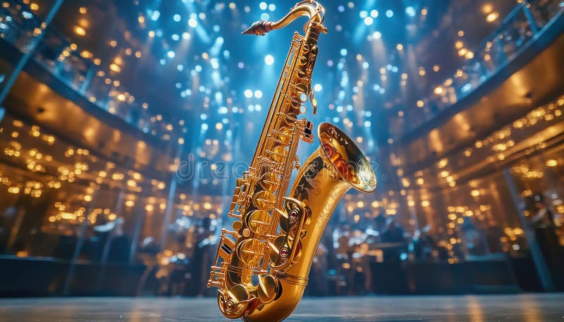 Golden Saxophone Shines on Stage Under Blue and Gold Lights Stock Photo ...