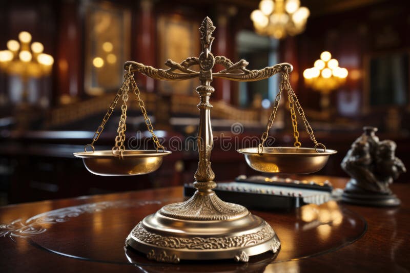 A Golden Scale Sitting on Top of a Wooden Table Stock Photo - Image of ...