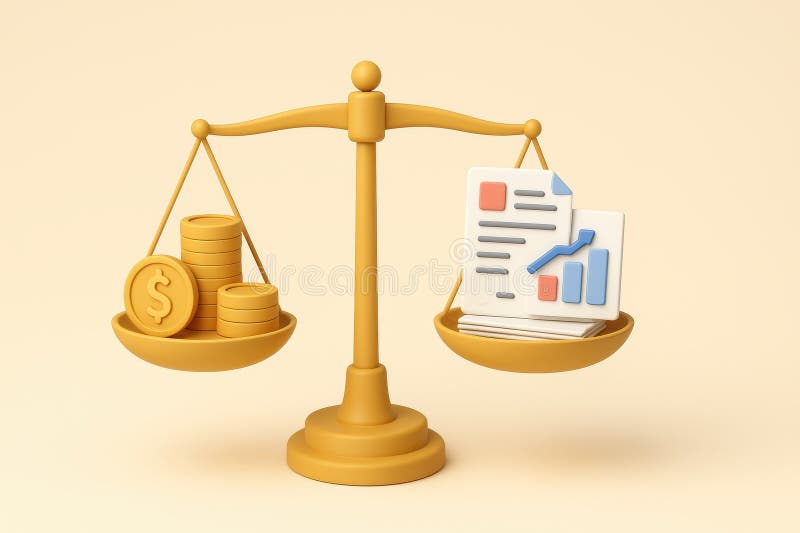 Golden Scales Balancing Coins and Financial Reports on Soft Beige ...