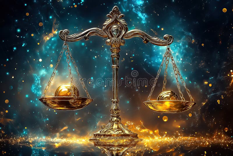 Golden Scales Float Against a Mesmerizing Cosmic Backdrop, Representing ...