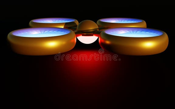 Golden Sci-fi Drone Equipped with Four Powerful Thrusters and a Central ...