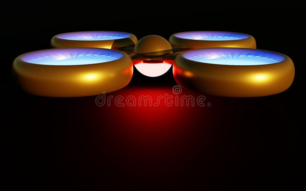 Golden Sci-fi Drone Equipped with Four Powerful Thrusters and a Central ...