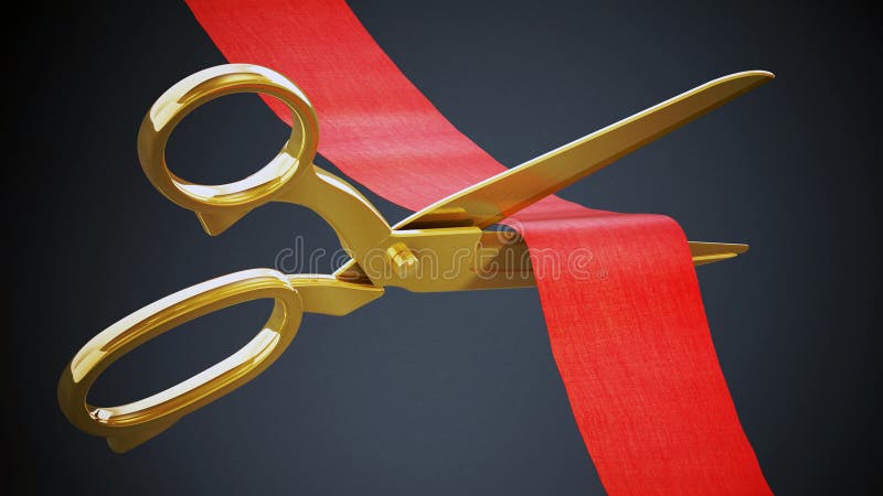 Golden Scissors Cutting Red Ribbon. 3D Illustration Stock Image - Image ...