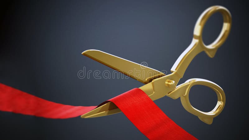 Golden Scissors Cutting Red Ribbon. 3D Illustration Stock Image - Image ...