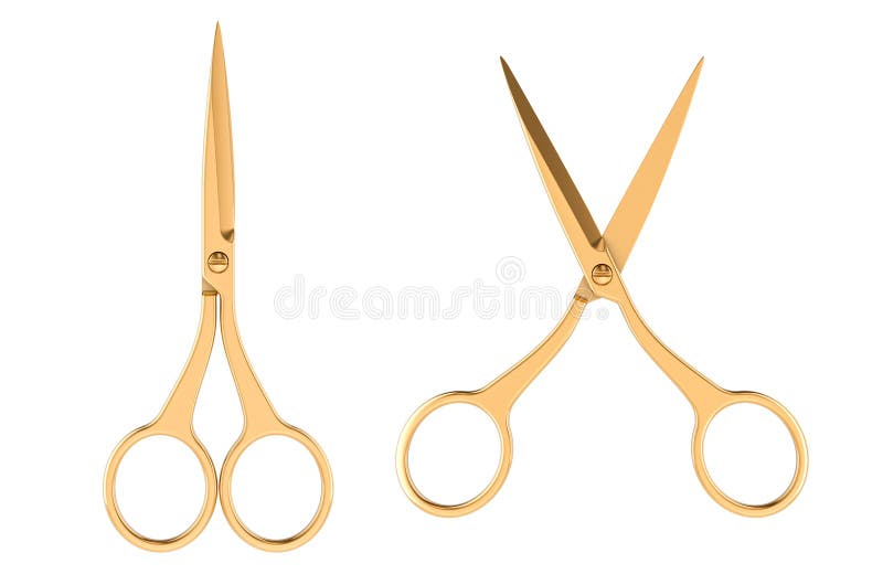 Golden Scissors, Opened and Closed, Top Views. 3D Rendering Stock ...