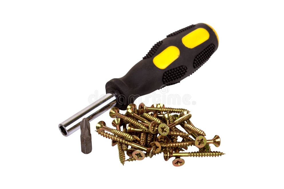 Golden Screws and Screwdriver Stock Image - Image of repair, tools ...