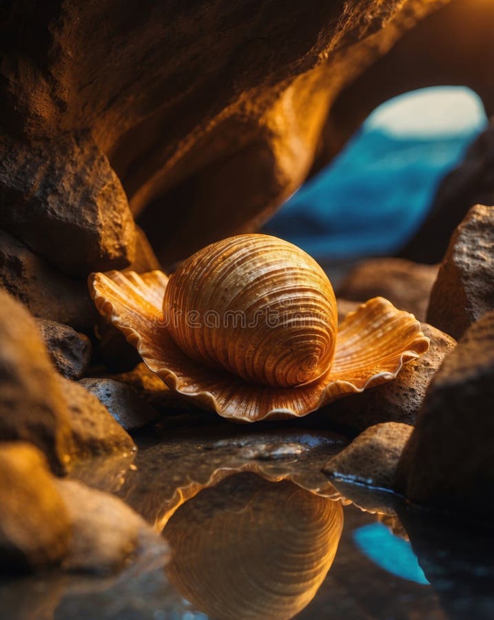 Golden Seashell in Rocky Cave with Natural Light Shining through. Stock ...