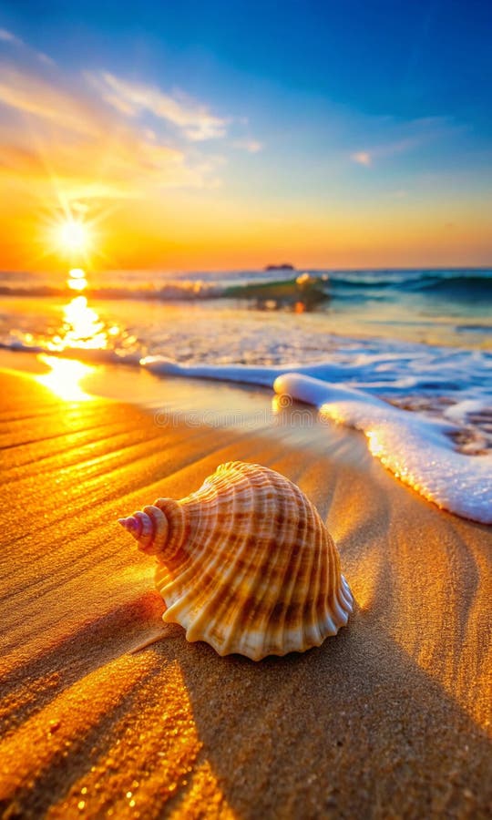 Golden Seashell on Sandy Beach with Sunlight Reflections and Ocean ...