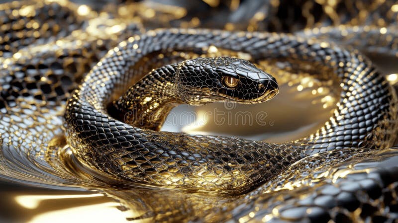 Golden Serpent Coiled on a Shiny Surface Stock Illustration ...
