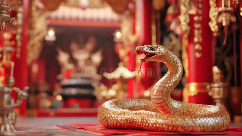 Golden Serpent Statue in Front of Red Temple Stock Illustration ...
