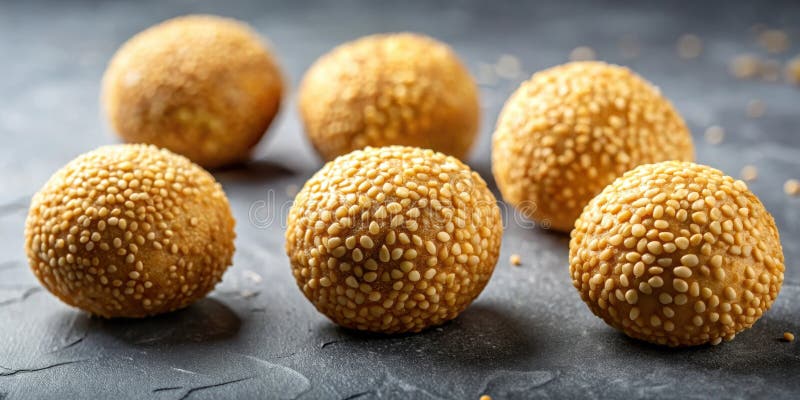 Golden Sesame Balls on Dark Surface a Close-up View. Generative AI ...