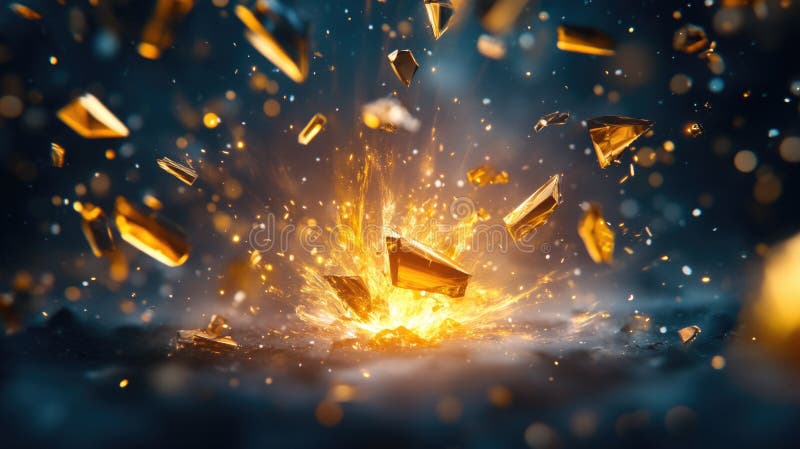 Golden Shards Exploding in Dynamic Energy Burst with Fiery Glow Stock ...