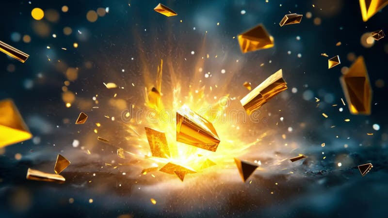 Golden Shards Exploding in Dynamic Energy Burst with Fiery Glow Stock ...