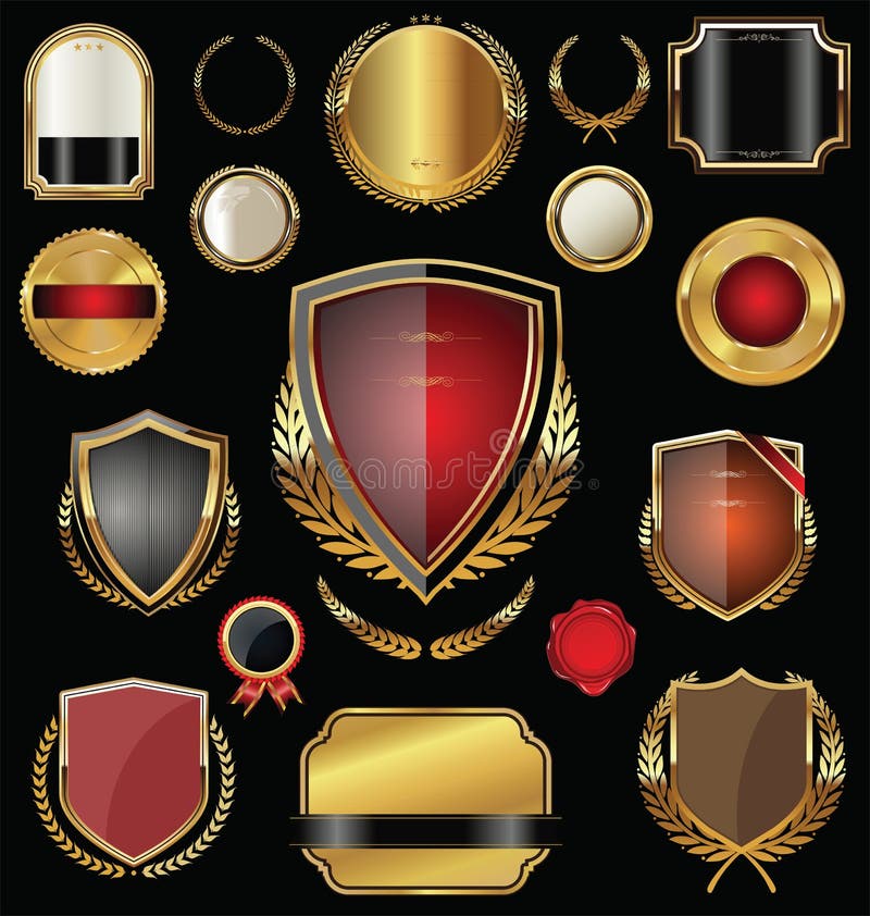 Golden Shield, Badges, Labels and Laurels Stock Illustration ...