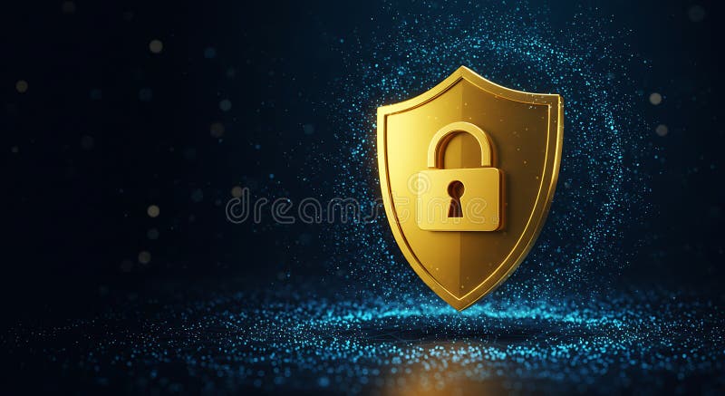 Golden Shield with an Embedded Padlock Symbol, Set Against a Dark ...