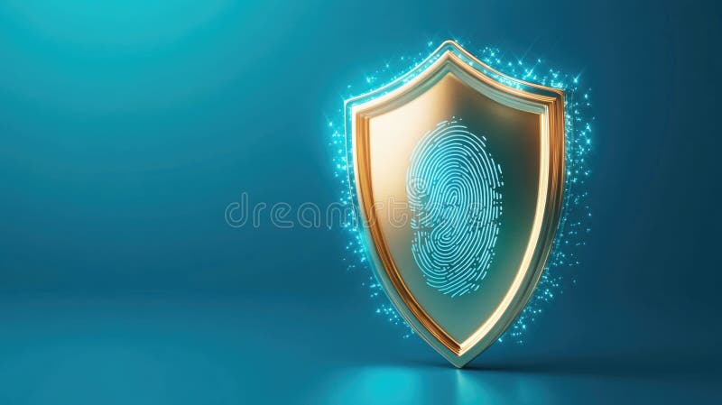 Golden Shield with Fingerprint Inside and Light Sparks for Digital ...