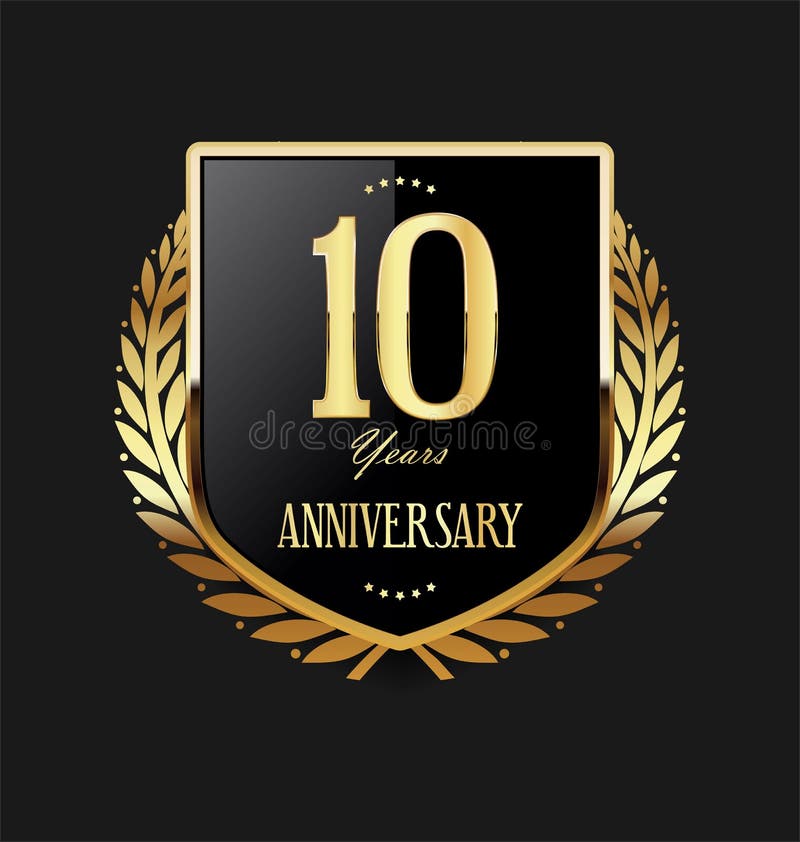 Golden Shield and Laurel Wreath Anniversary 10 Years Stock Vector ...