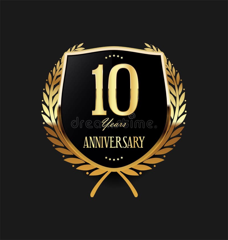 Golden Shield and Laurel Wreath Anniversary 10 Years Stock Vector ...