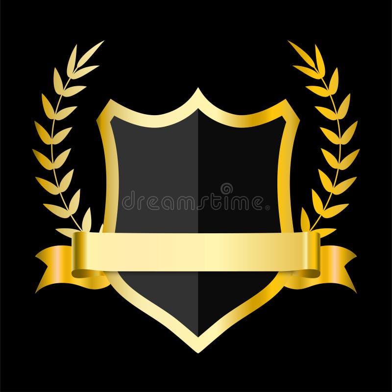 Golden Shield with Laurel Wreath and Golden Ribbon. Vector Illustration ...