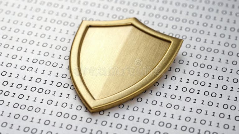 A Golden Shield Overlaying Flowing Binary Code Illustrating Data Security and Protection in ...