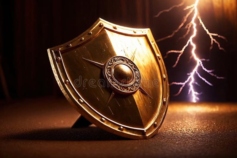 Golden Shield Struck by Lightning, Defense Protection Concept Stock ...