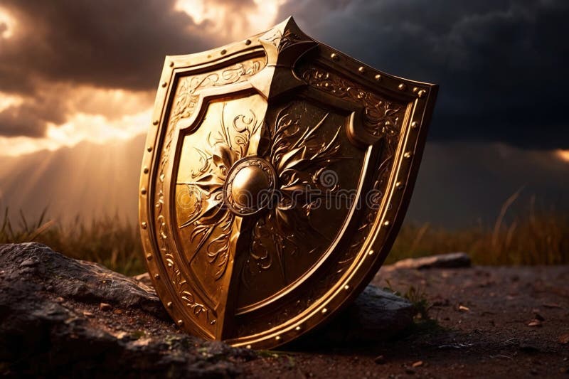 Golden Shield Struck by Lightning, Defense Protection Concept Stock ...