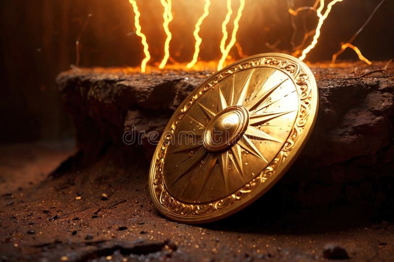 Golden Shield Struck by Lightning, Defense Protection Concept Stock ...