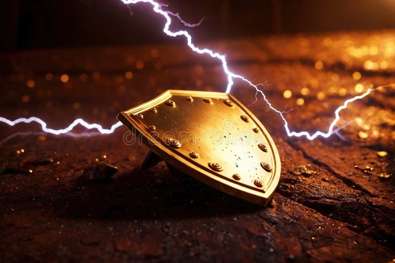 Golden Shield Struck by Lightning, Defense Protection Concept Stock ...