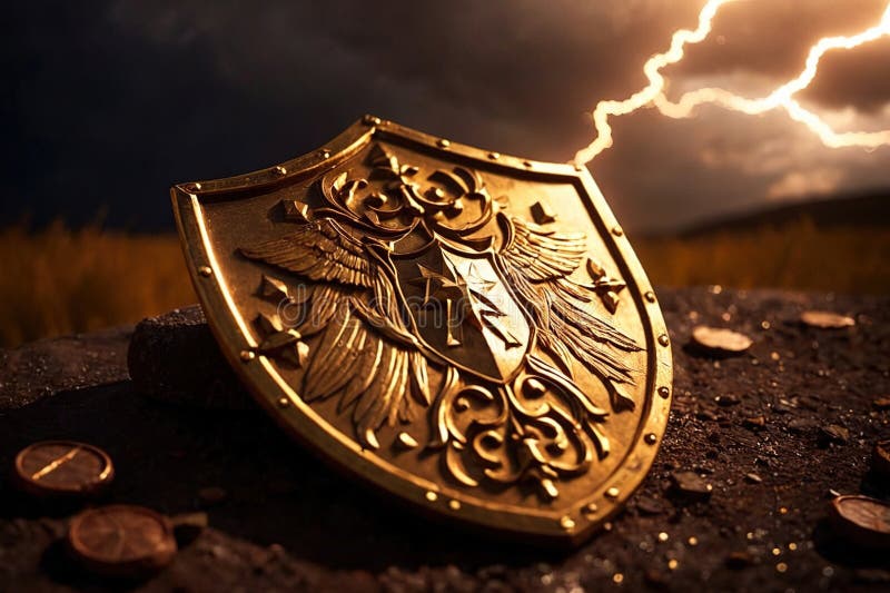 Golden Shield Struck by Lightning, Defense Protection Concept Stock ...